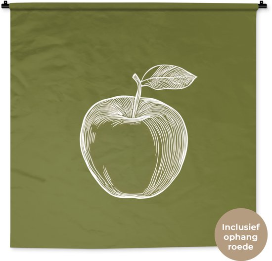 Wandkleed 120x120 cm - Wanddoek Lijntekening - Appel - Olijfgroen ...