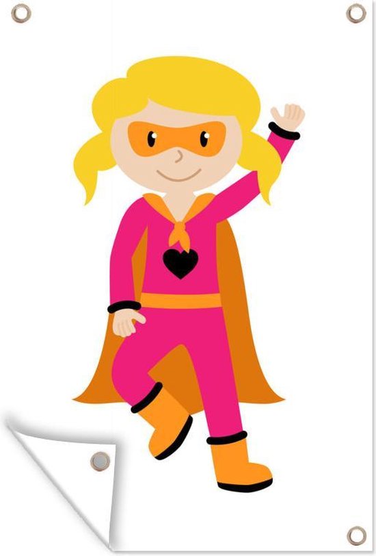 Tuinposters buiten tekening van een kind als superheld in actie met een ...