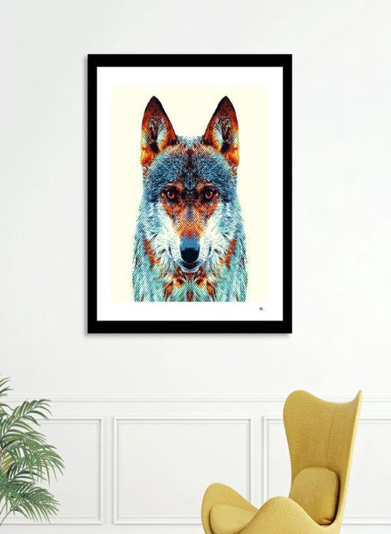 Wolf - frame met kleurrijke dieren - 30 x 45 cm / zwart [26 "x 36"/wit ...