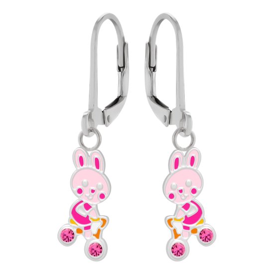 Zilveren kinderoorbellen - roze konijn oorhangers met kristallen | bol