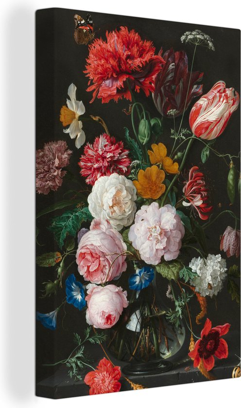 Canvas Schilderij Stilleven met bloemen in een glazen vaas - Schilderij ...