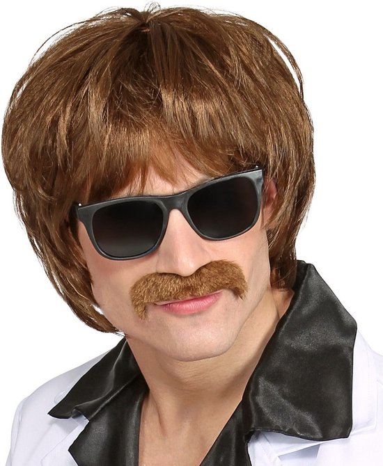 Widmann - Hippie Kostuum - Pruik Met Snor Fout Haar Jaren 70 - bruin ...