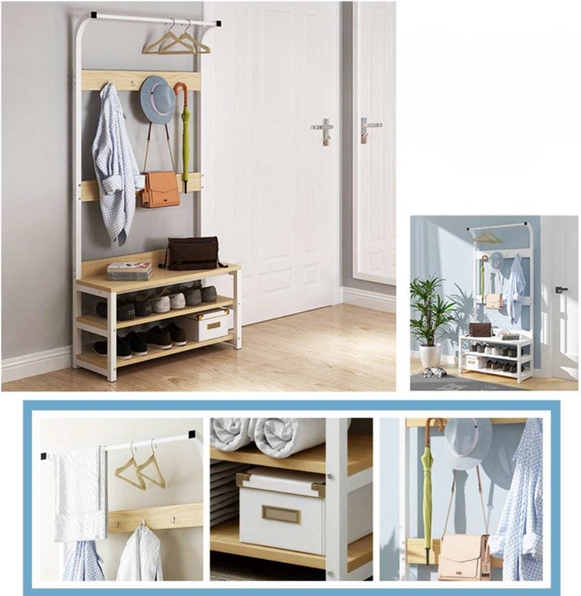 Vrijstaande kapstok met schoenenbank - modern houten multifunctioneel ...