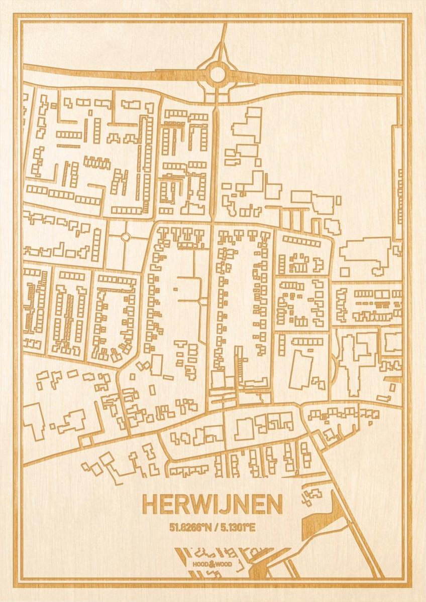 Kaart Herwijnen - Gegraveerde stadskaart Hood&Wood - Hout, A4 | bol.com