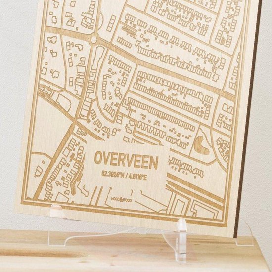 Kaart Overveen - Gegraveerde stadskaart Hood&Wood - Hout, A4 | bol.com