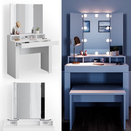 Vicco Make-uptafel set met kruk Nora, Wit, 89.5 cm met LED-verlichting ...
