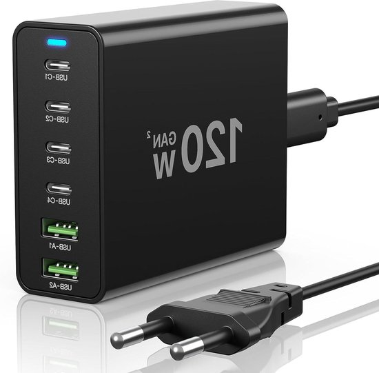 120W USB-C Oplader - Multiport USB Oplader - PD Oplader - 6 Poorts ...