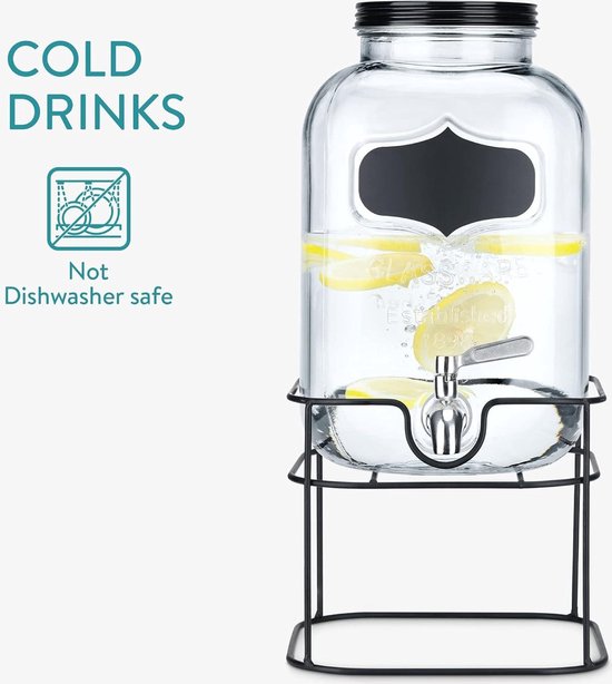 Glass lemonade tap with tap - 5L - Beverage dispenser with black metal ...