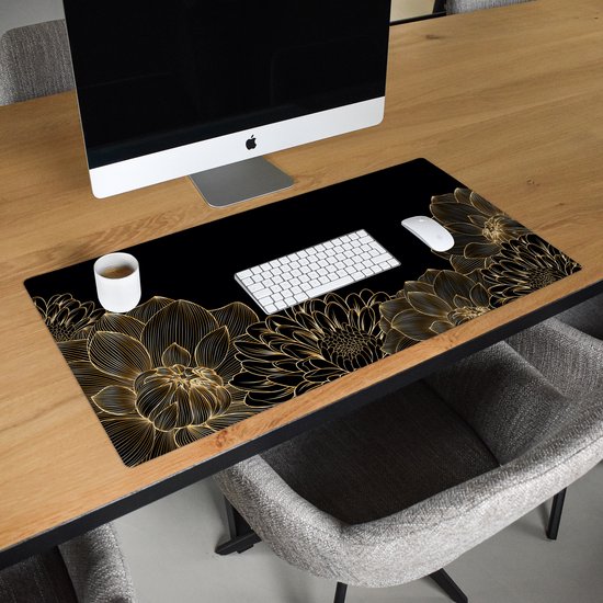 Bureau onderlegger 90x45 cm - Bloemen - Line art - Goud - Zwart ...