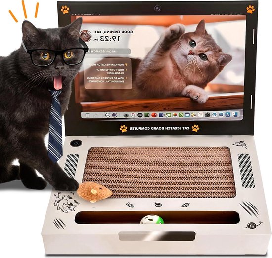 3-in-1 kartonnen krab-laptop voor katten met speelgoed pluche muis en ...