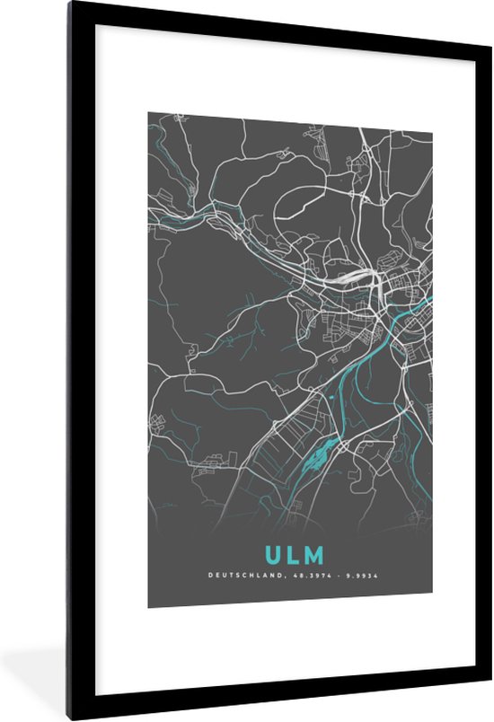 Fotolijst incl. Poster - Stadskaart – Kaart – Ulm – Blauw – Duitsland ...