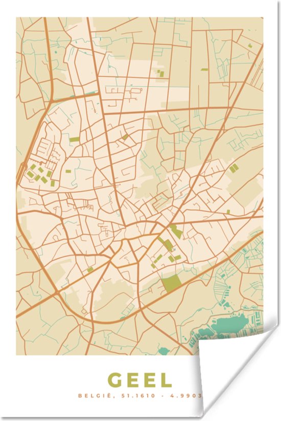 Poster Stadskaart - Vintage - Plattegrond - Kaart - Geel - 40x60 cm | bol