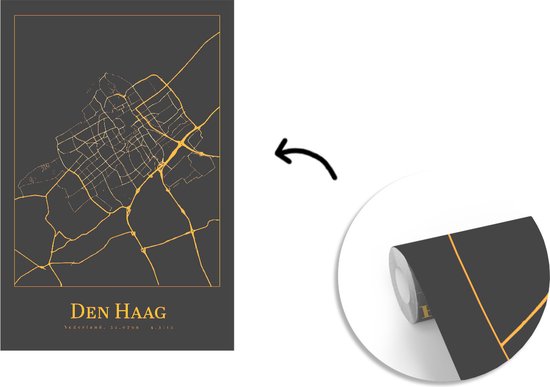 Behang - Fotobehang Kaart - Den Haag - Goud - Zwart - Breedte 160 cm x ...