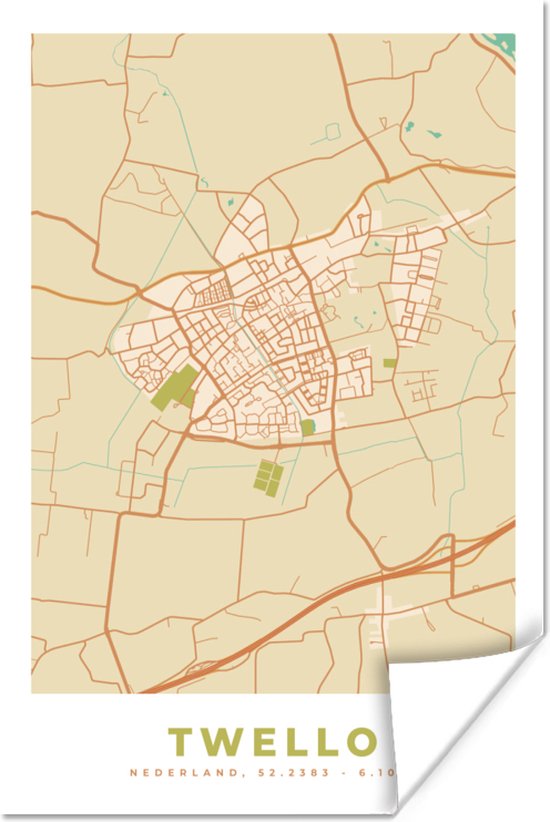 Poster Kaart - Vintage - Stadskaart -Twello -Plattegrond - 60x90 cm | bol