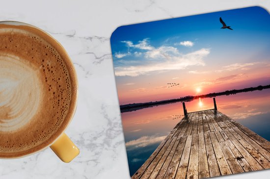 Onderzetters voor glazen - Steiger - Water - Zonsondergang - Roze - Horizon - 10x10 cm... | bol