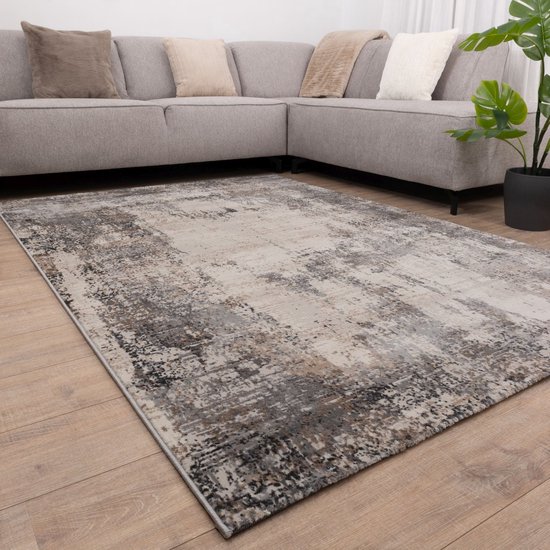 Grijs met Beige Tapijt Abstract Design Laagpolig Vloerkleed Koho ...