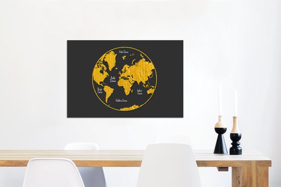 Carte du monde ronde et dorée sur fond gris Aluminium 60x40 cm | bol.com