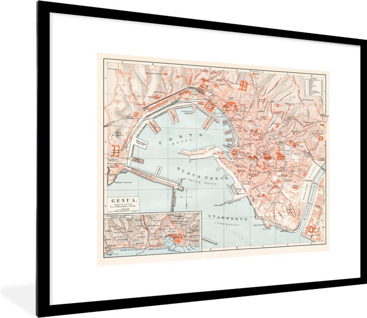 Fotolijst incl. Poster - tekening van een kaart van Genua in Italië ...