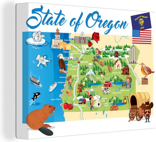 Canvas Schilderij Een tekening van een cartoonkaart van de staat Oregon ...