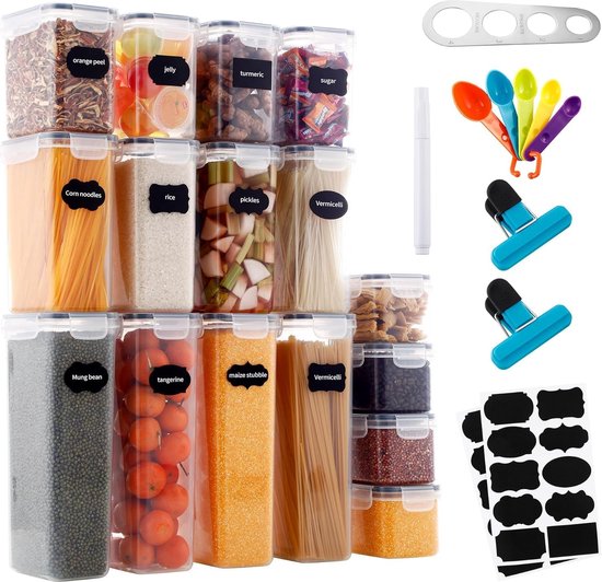 Set van 16 Luchtdichte Opslagpotten voor Droge Voeding en Granen, BPA ...