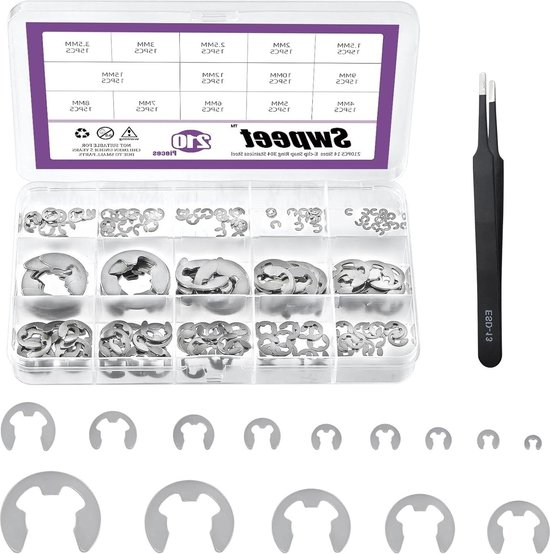 210 stuks 304 roestvrijstalen E-clip assortimentskit - M15, M2, M25, M3 ...