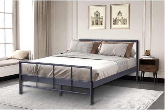 Bed 'Davy 160x200 Metaal Donkergrijs, Frame metaal grijs, lattenbodem in hout | bol