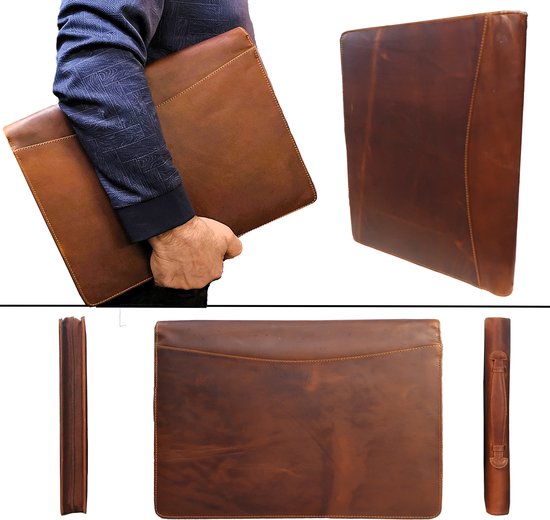 Handgemaakte Lederen schrijfmap A4 - Zakelijke portfolio Laptop tot 14 ...