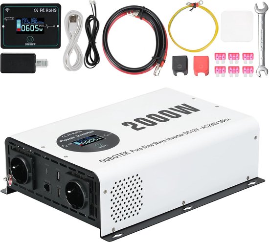 Zuivere Sinus Spanningsomvormer 2000W DC 12V naar AC 230V met USB-C en ...