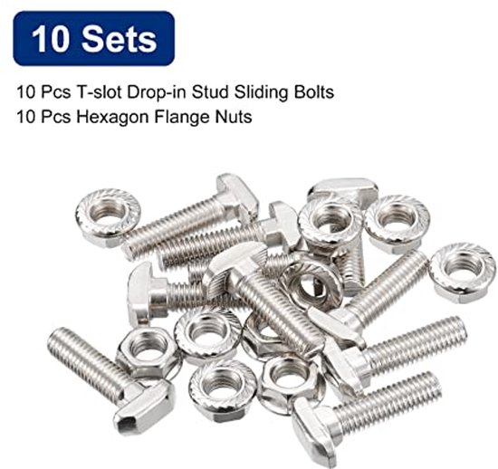 M8 x 30mm T-Slot Mortise Bolts and M8 Hexagonal Flange Nut Set 10 Set ...
