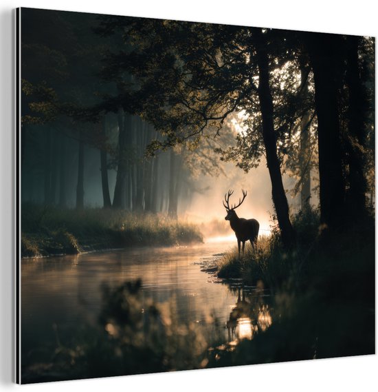 Aluminium schilderij 160x120 cm - Wanddecoratie metaal - Hert - Bosbeek ...