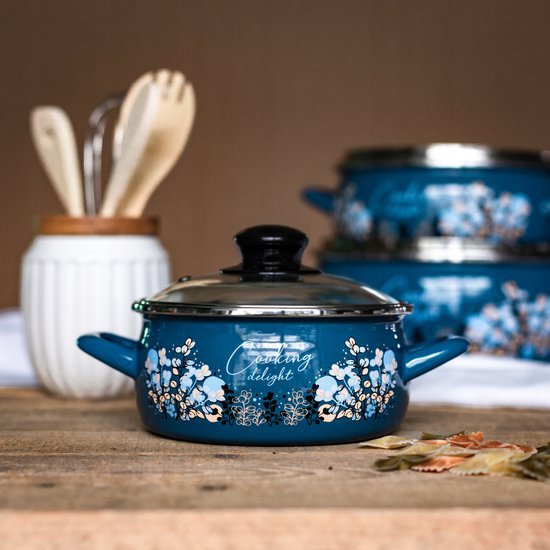 Lage Emaille Pan 16 cm 1.5L met Glazen Deksel - Cooking Delight | bol