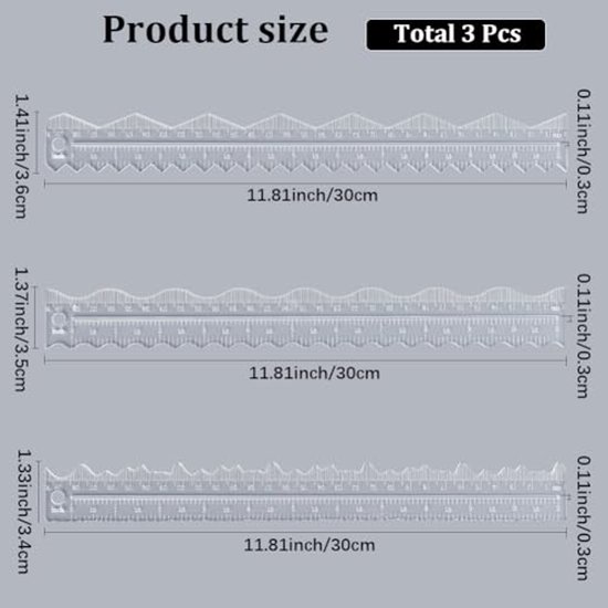 3 Delige Paper Tear Ruler Set - Acryl Met Golf- en Scheef Rand - 30CM ...