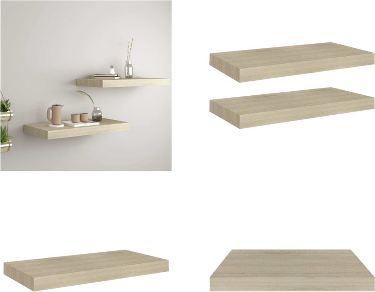 vidaXL Wandschappen zwevend 2 st 50x23x3-8 cm MDF eikenkleurig - Wandschap -... | bol