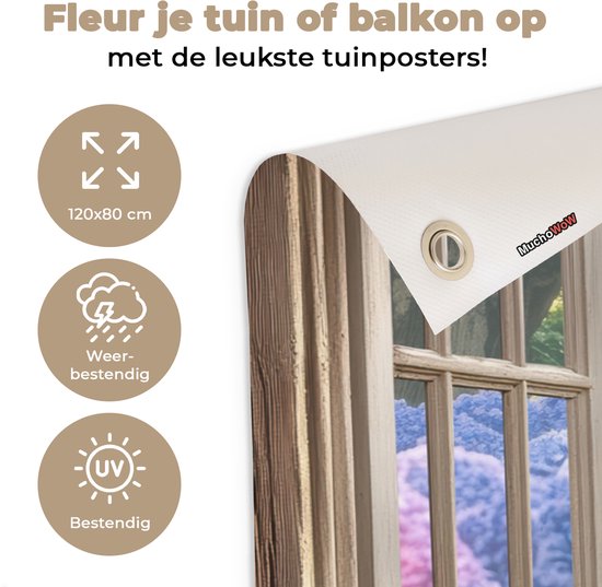 Tuinposter 120x80 cm - Tuindecoratie Doorkijk - Tuin - Raam - Hortensia ...