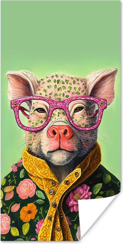 Poster Bril - Roze - Varken - Bloemen - Dier - 20x40 cm | bol