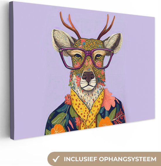 Canvas Schilderij Hert - Dieren - Bloemen - Bril - Hippie - 60x40 cm ...