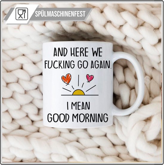 Grappige Koffiemok met Tekst "Here we fucking go again" - Hoge ...