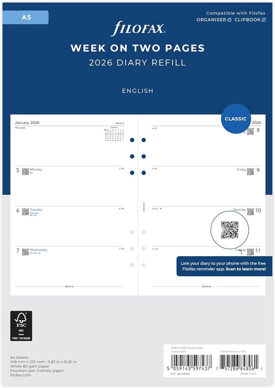A5 Agenda Vulling 2026 Weekoverzicht Papier - Inclusief QR Code App ...