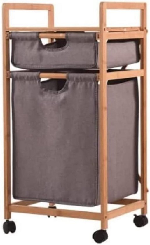 Hoge Bamboe Was/Kledingmand met Deksel - Duurzaam Hout en Grijs Textiel ...