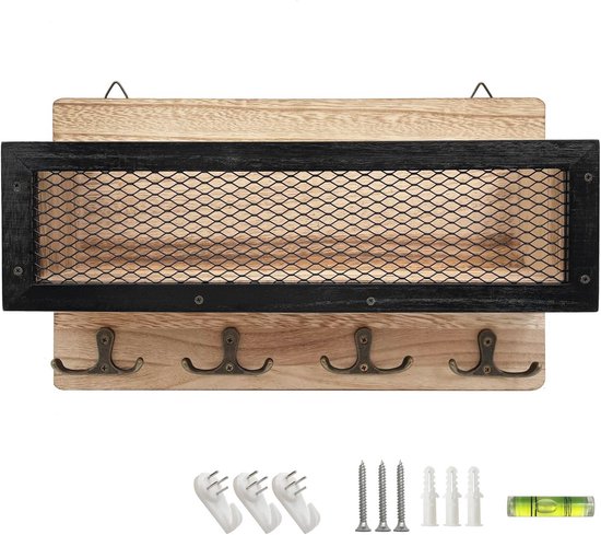 Decoratief Houten Muur Sleutelrek met 4 Dubbele Haken voor Entree en ...