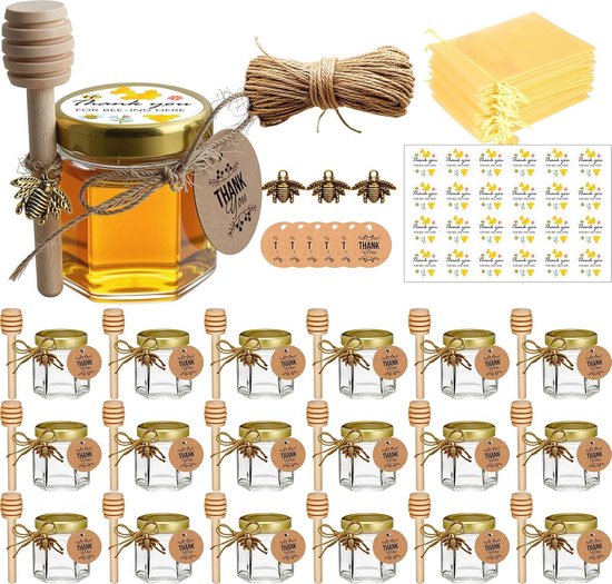 Set van 20 Hexagonale Glazen Mini Honing Glazen met Houten Lepels en ...