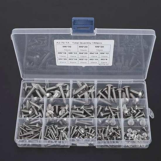 Assortiment Zelftappende Schroeven Set 180 Pcs - M3, M4, M5, M6 RVS | bol