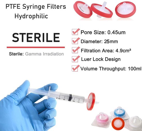 20x Steriele Spuitfilters 25mm PTFE Membraan 0.45 µm voor HPLC & GC ...