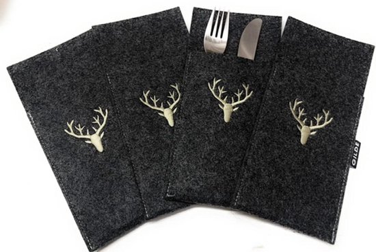 4x Luxe Filten Bestekzakjes met Hertenmotief - Bestekhouder Kerst ...