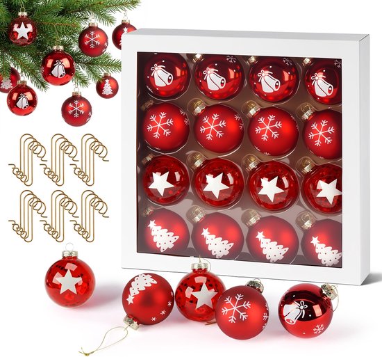 Unyqoos® Set van 16 rode kerstballen met gouden haken en unieke ...