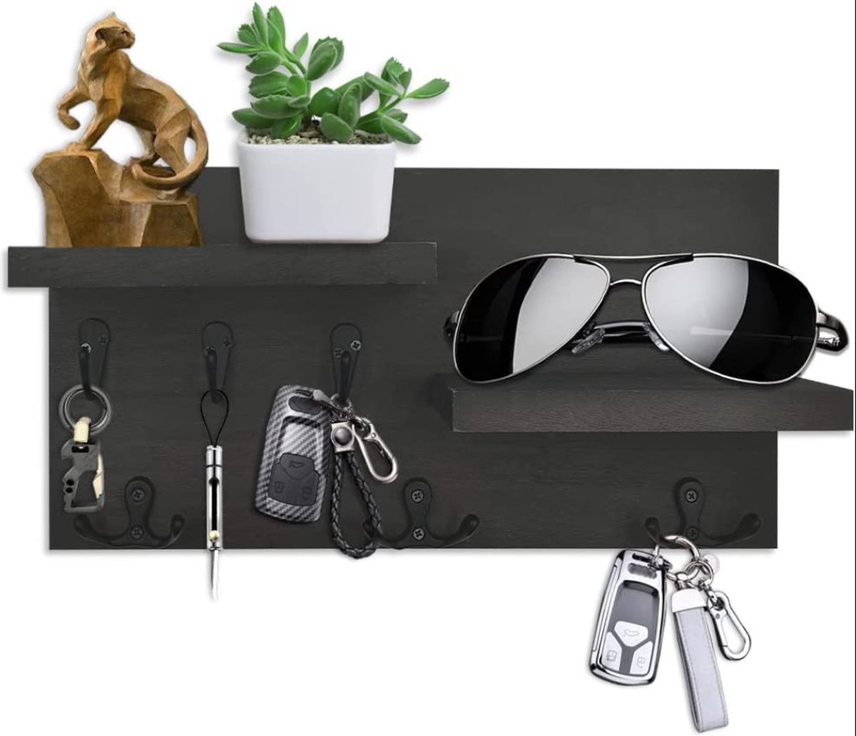 Support mural - bois - porte-clés - 2 étagères - 6 crochets - crochets ...