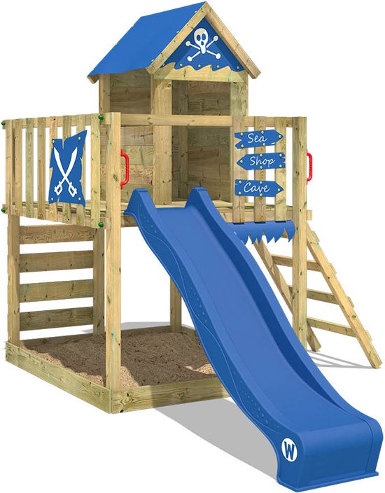 WICKEY Speeltoestel voor tuin Smart Life met en blauwe glijbaan, Houten ...