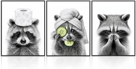 Set van 3 Grappige Zwart Wit Wasbeer Posters voor Badkamer en Toilet ...