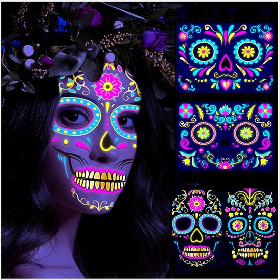 4 Sheets Halloween Tattoo Stickers - Luminous Dia De Los Muertos Face ...