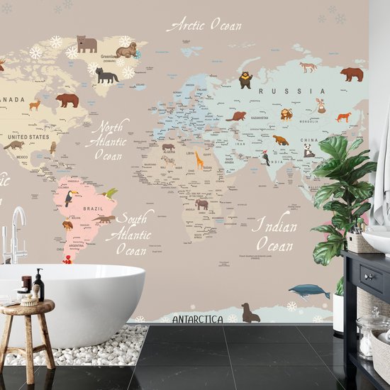 Fotobehang Animals World Map For Kids Wallpaper Design - Vliesbehang ...